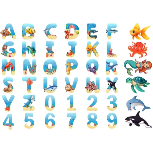 Ocean Theme Alphabet Sticker Sheet for Kids | A–Z & 0–9 Sea Animals ...